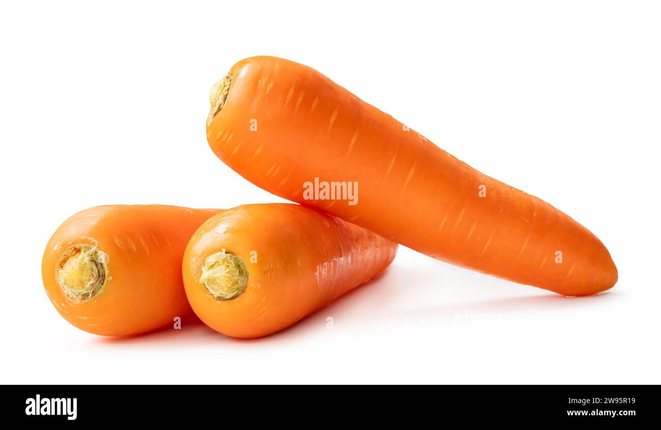 Fresh orange carrots in stack are isolated on white background with ...