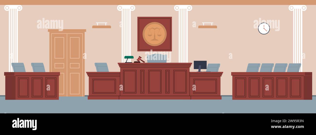 Courtroom interior with judge, attorney and jury table. Empty room ...