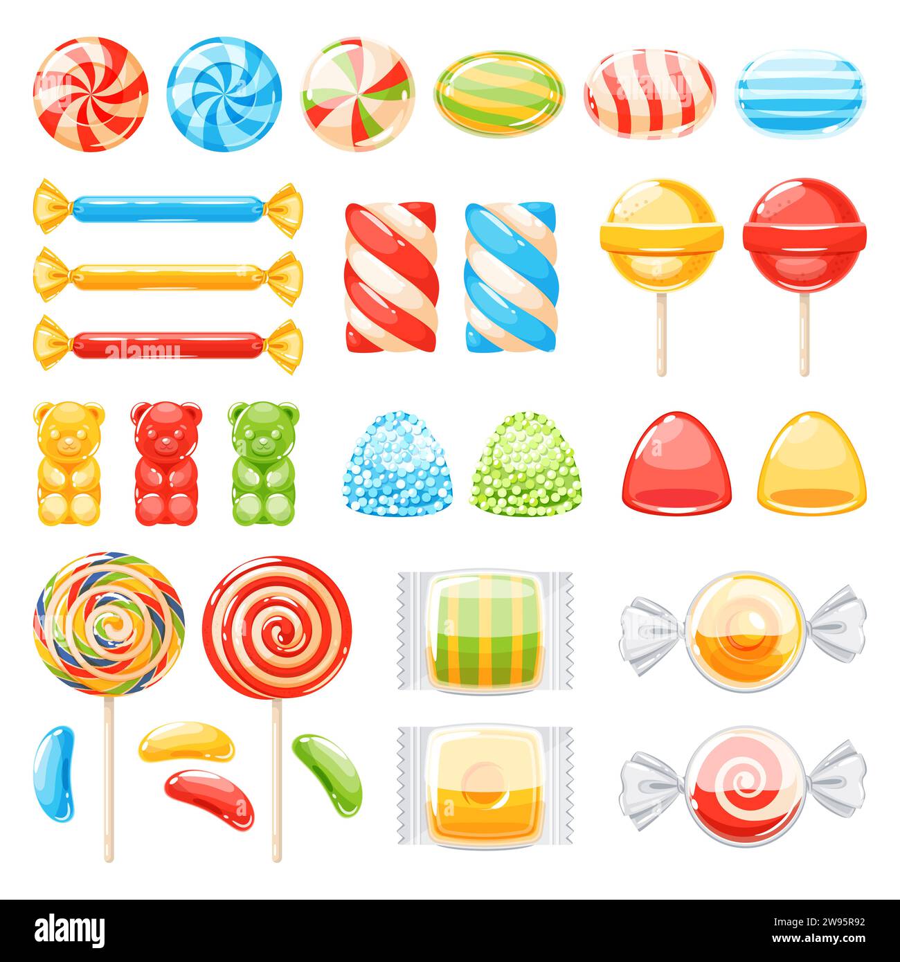Cartoon sweets. Colorful caramel different types, sugar products ...