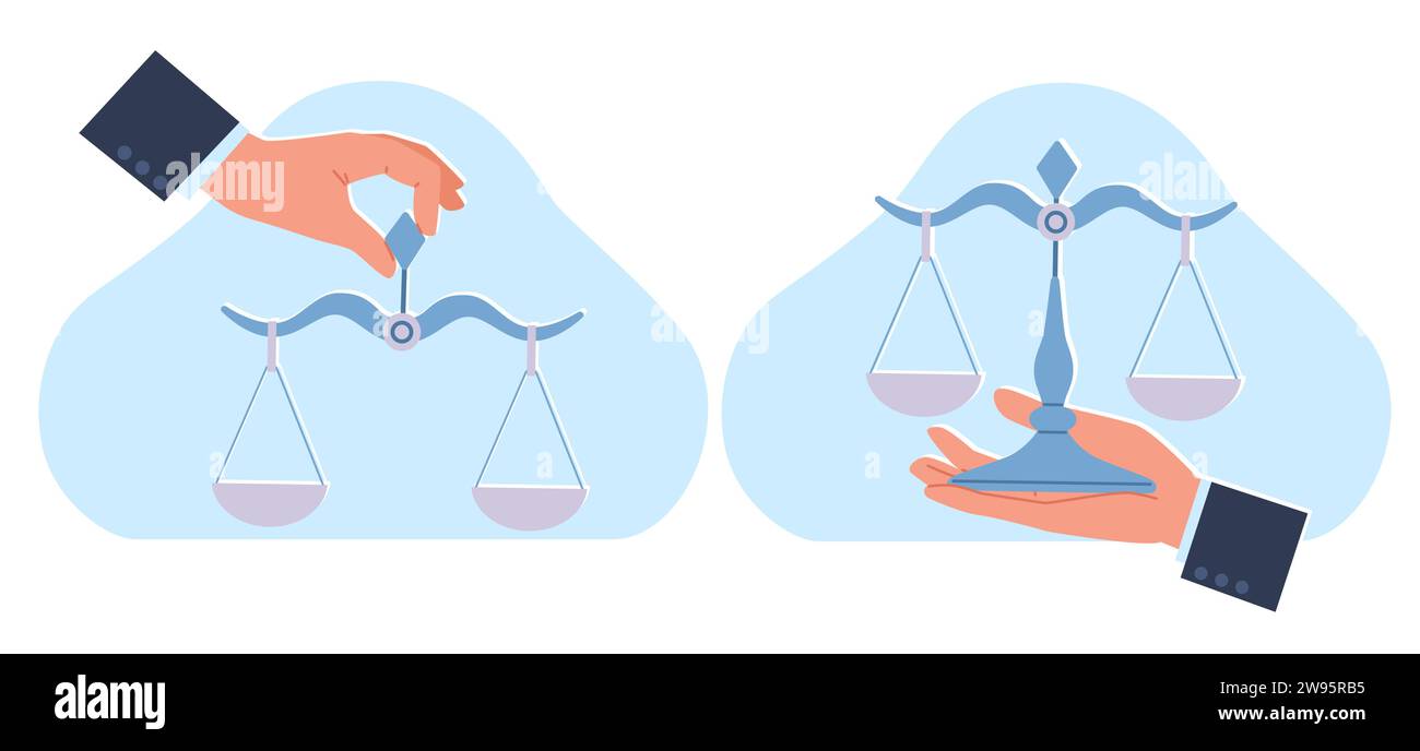 Businessman hand holds scales. Libra measuring device with empty plates ...