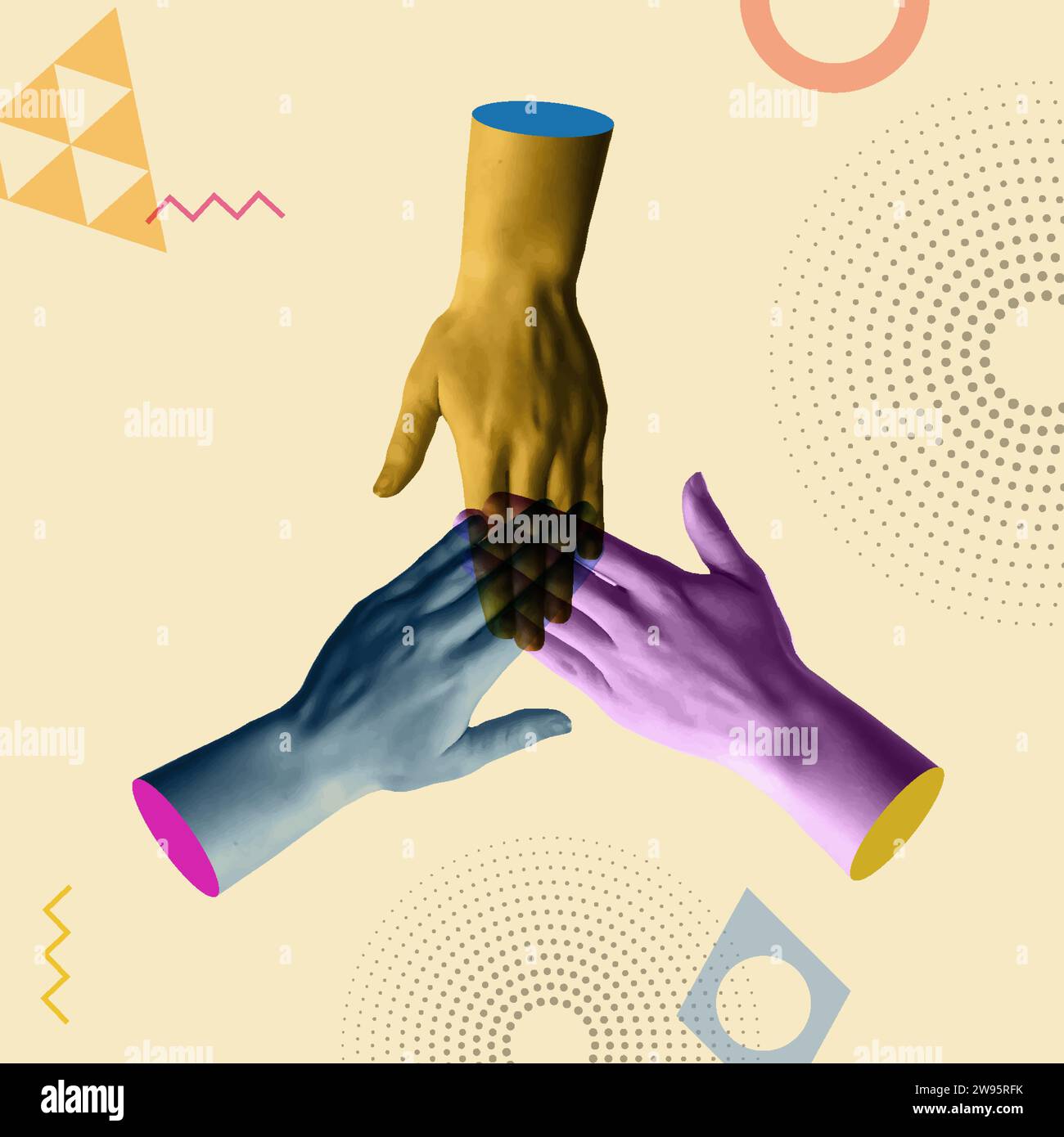 Group of human hands on top of each other of diverse colors in retro ...