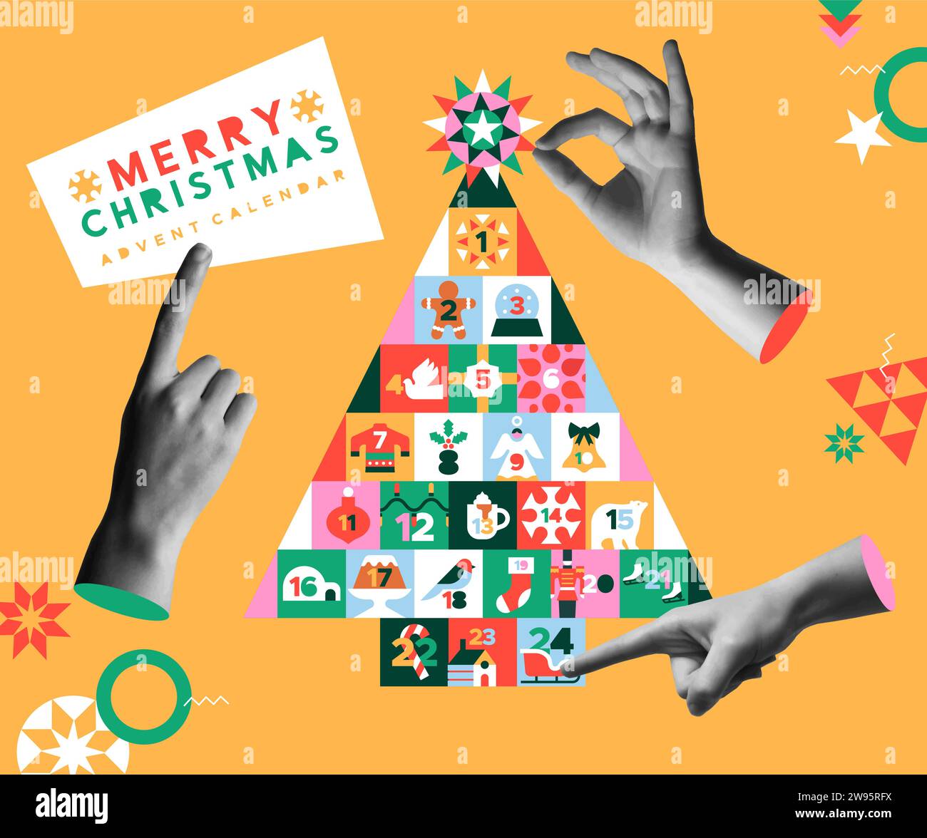 Christmas tree advent calendar vector illustration. Flat cartoon icons ...