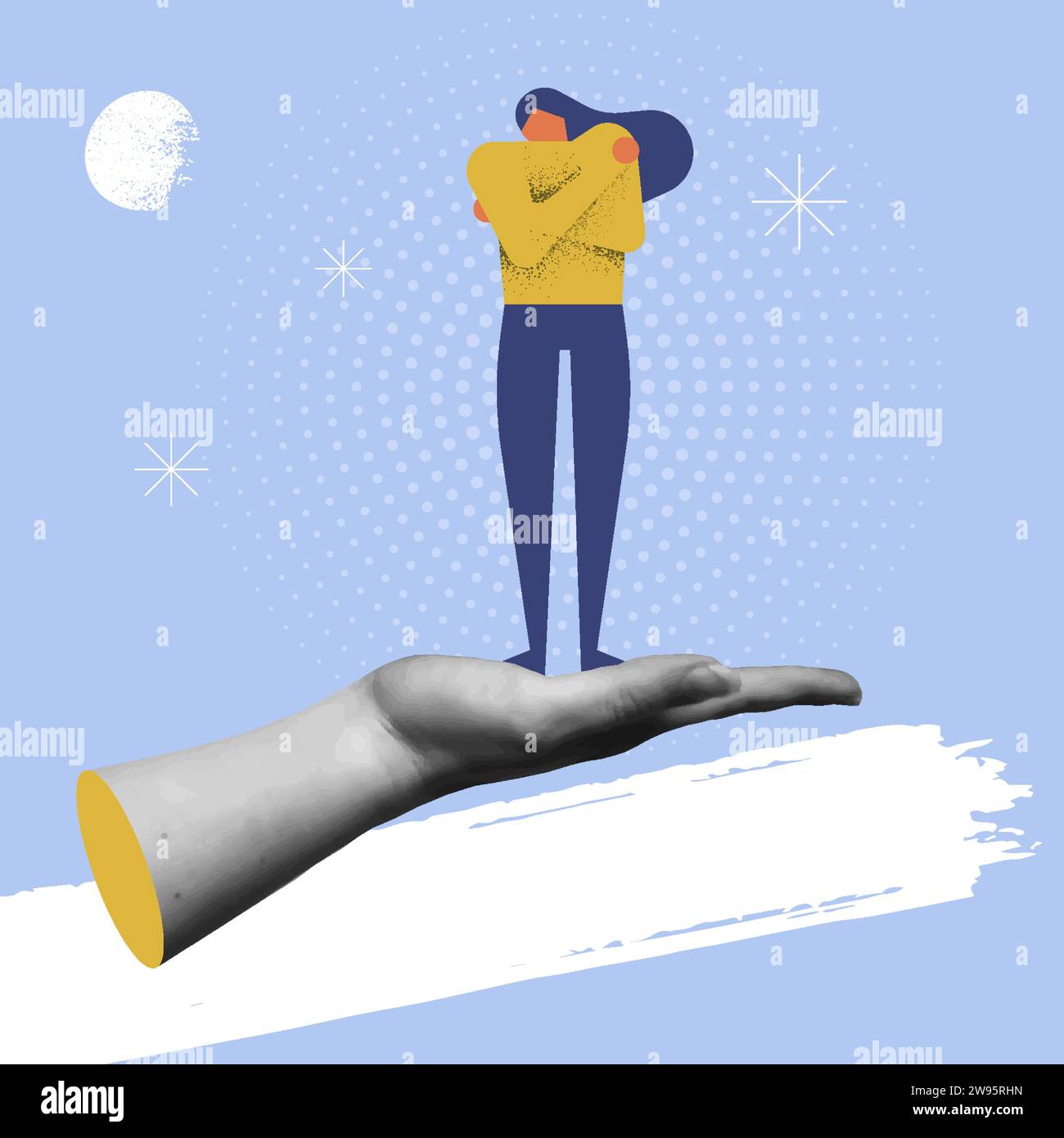 Woman in cartoon style over hand with feeling of loneliness in retro ...