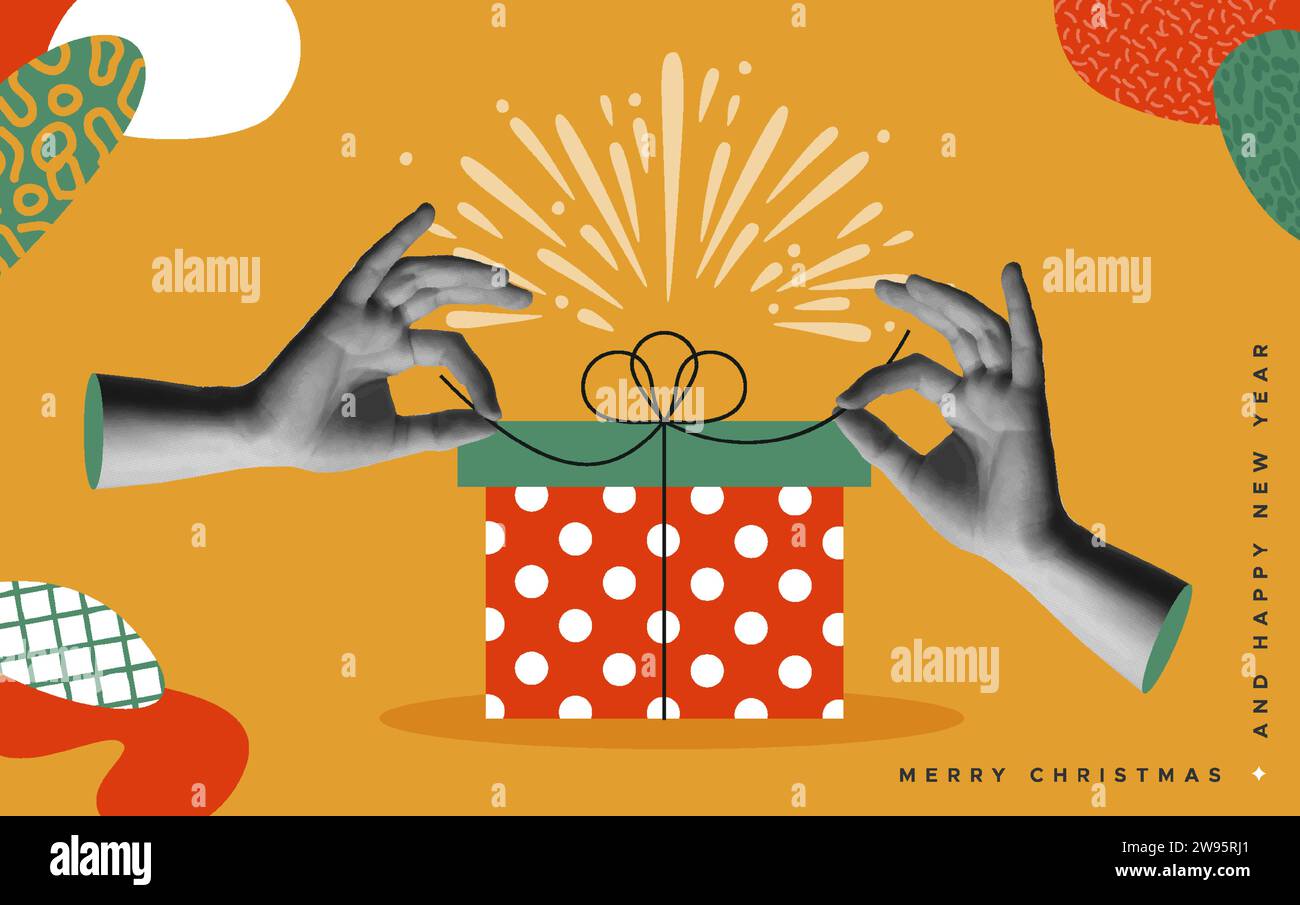 Merry Christmas Happy New Year greeting card vector design. Human hands ...