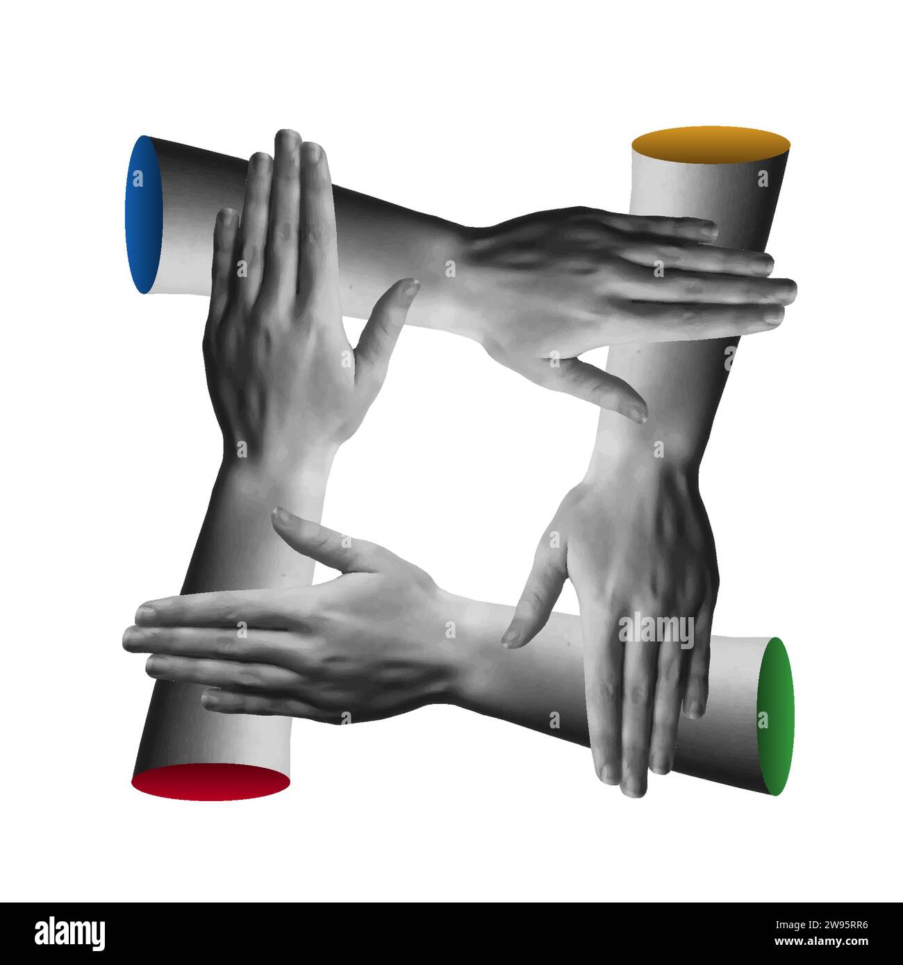 Teamwork idea card vector illustration. Diverse human hands joined ...