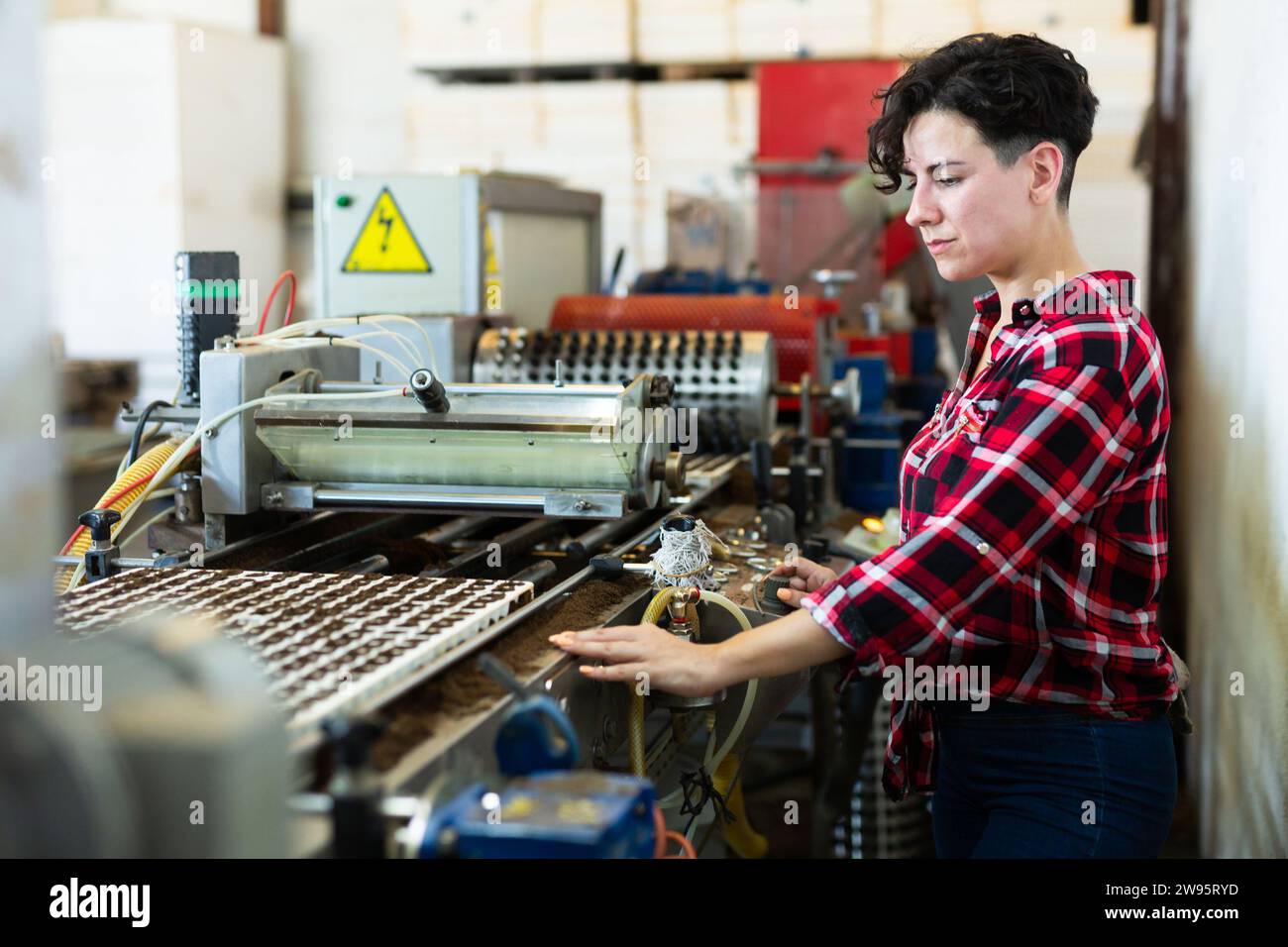 Confident woman machine operator working with automatic conveyor ...