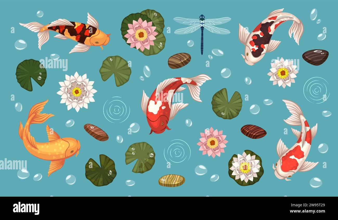 Decorative asian pond elements. Koi fish, colored japanese carps ...