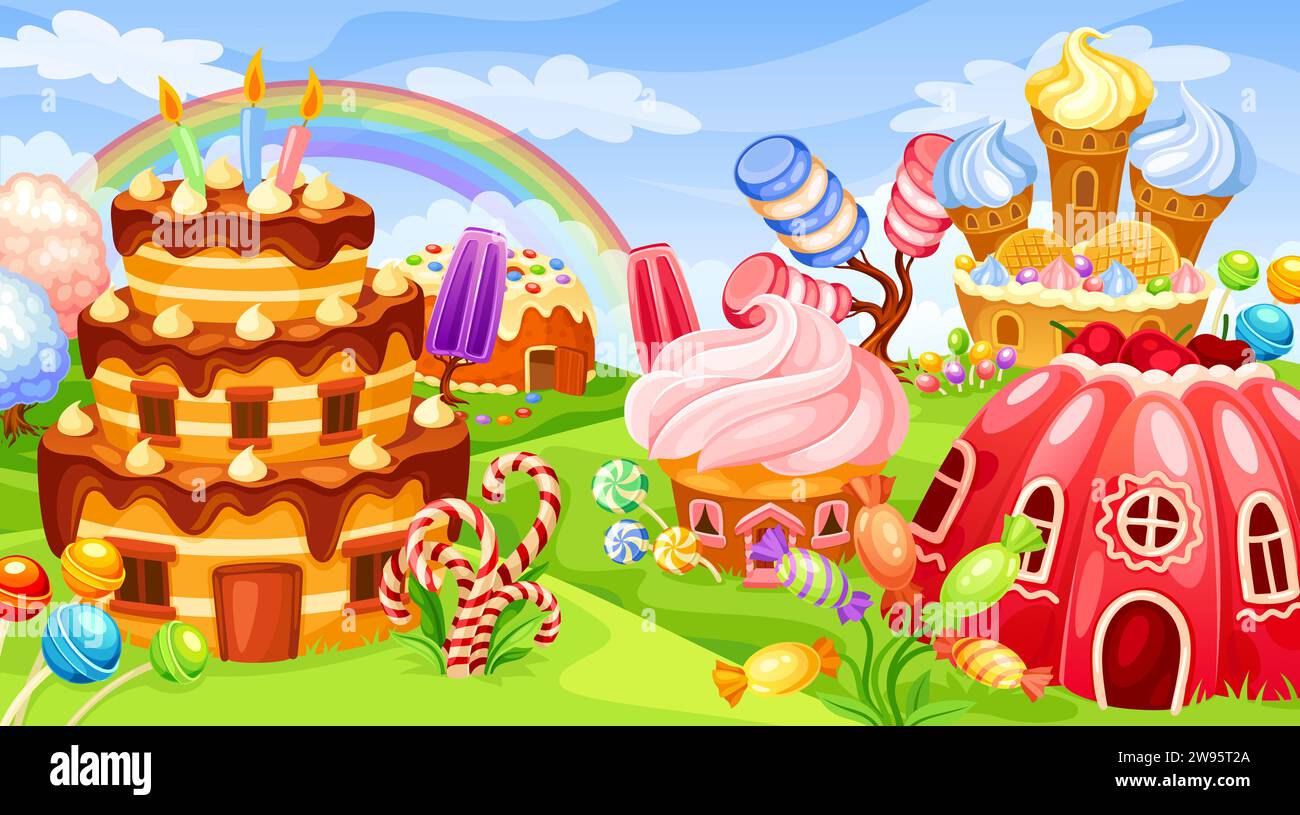 Candy landscape. Sweet storyland game panorama rainbow background ...
