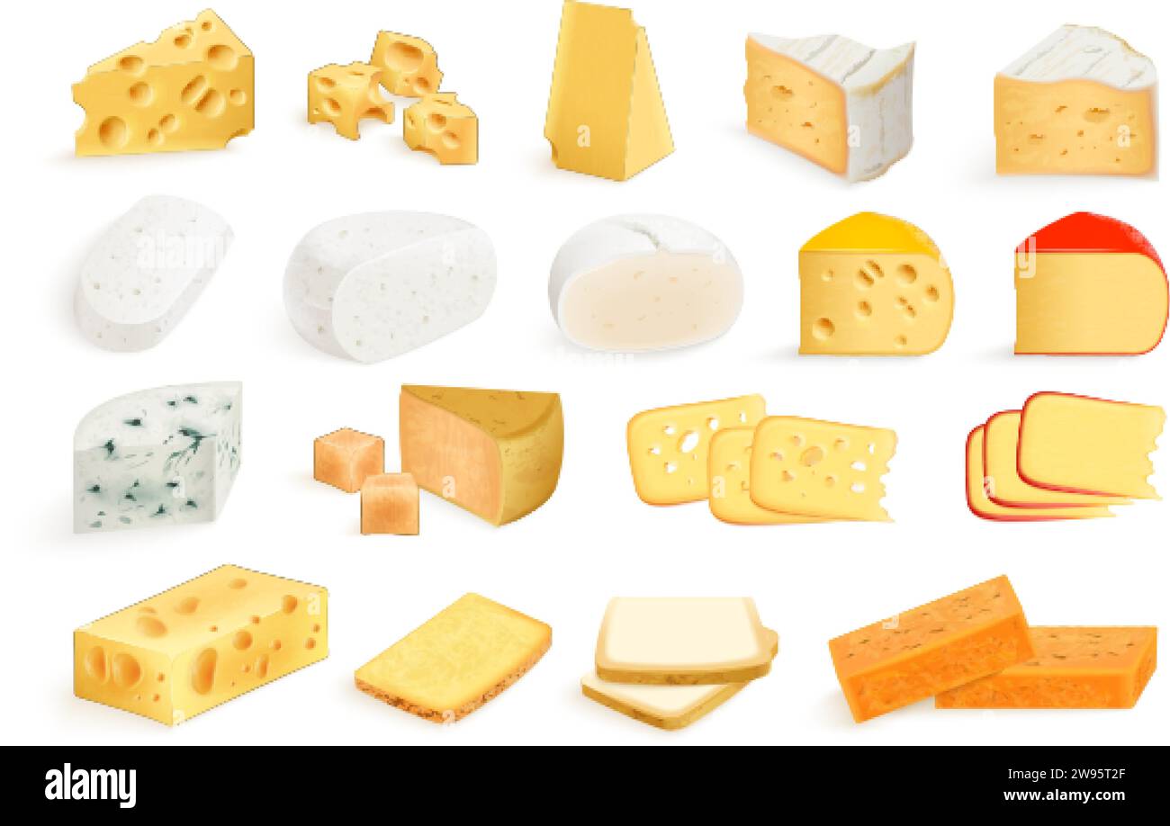 Realistic cheese pieces. 3d triangle piece cheeses collection, hard ...