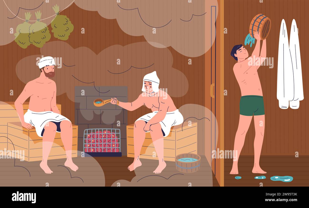 Men in sauna. Guys friends in towels relaxation at finnish banya heating steam bathhouse room ...