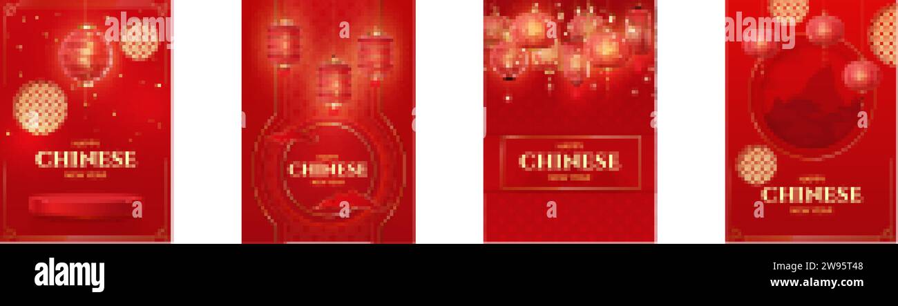 Realistic asian lanterns posters. China new lunar year spring flyers ...