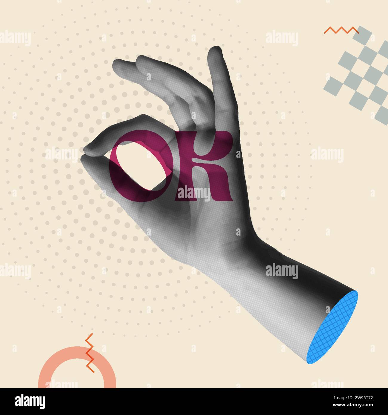Human hand showing the ok gesture and text in retro collage 90s style ...