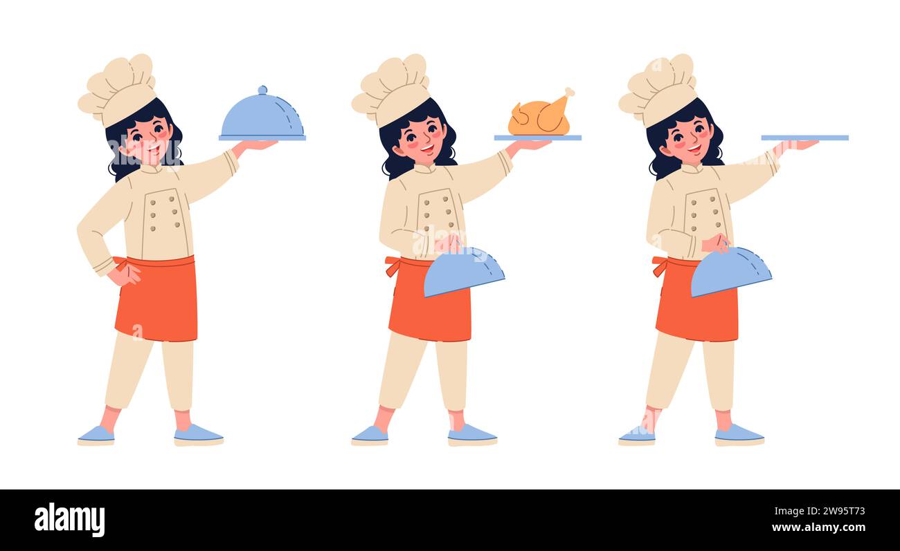 Cook with empty serving tray and roasted chicken. Cute girl in chef ...