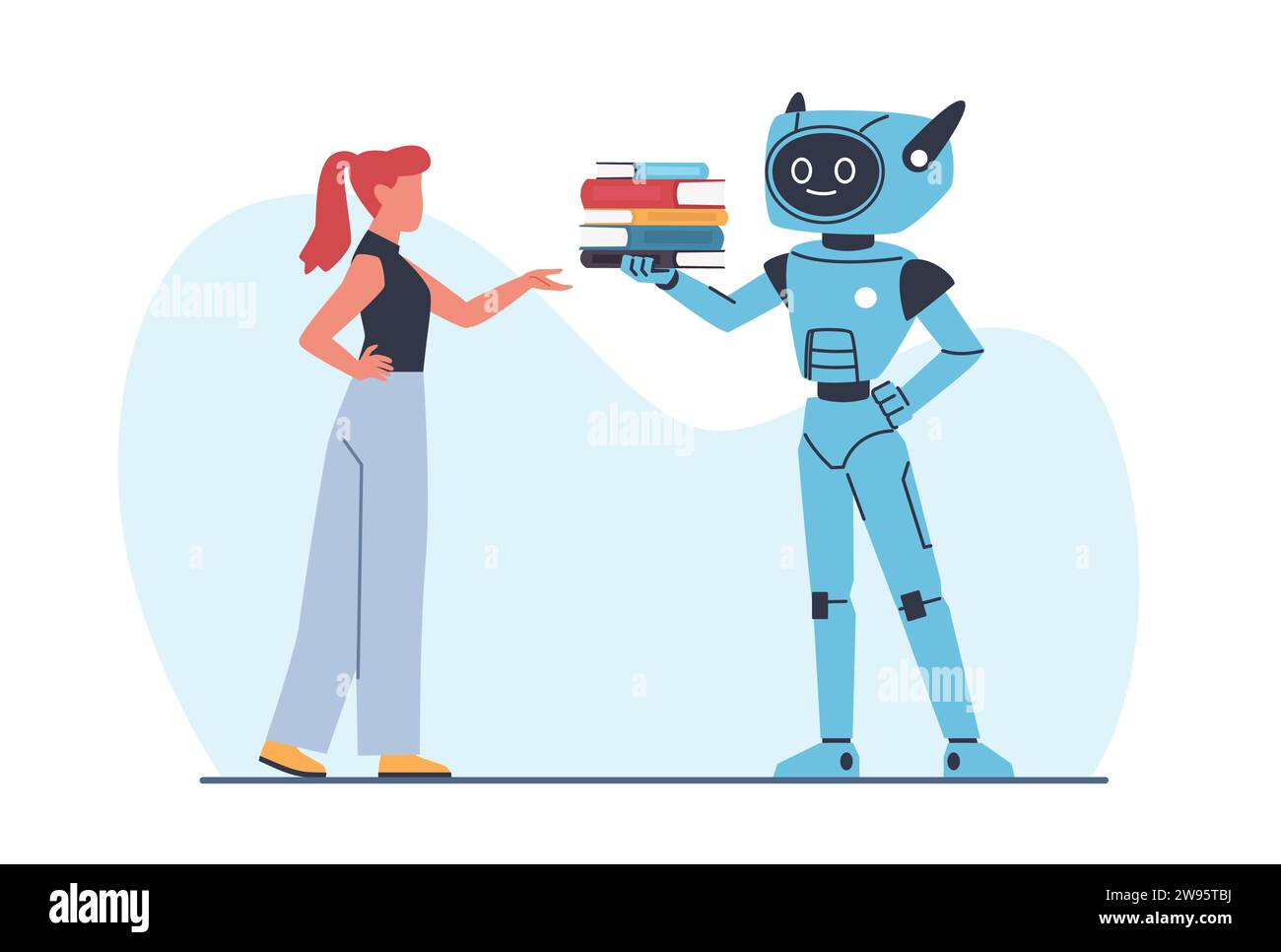 Robot holds out stack of books to girl. Artificial intelligence chooses literature. Learning ...