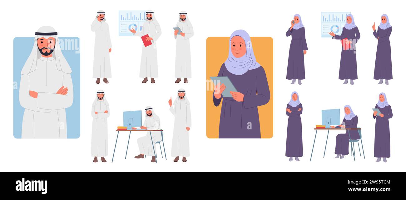 Arab characters. Saudi man and woman, Muslim teacher and businessman ...