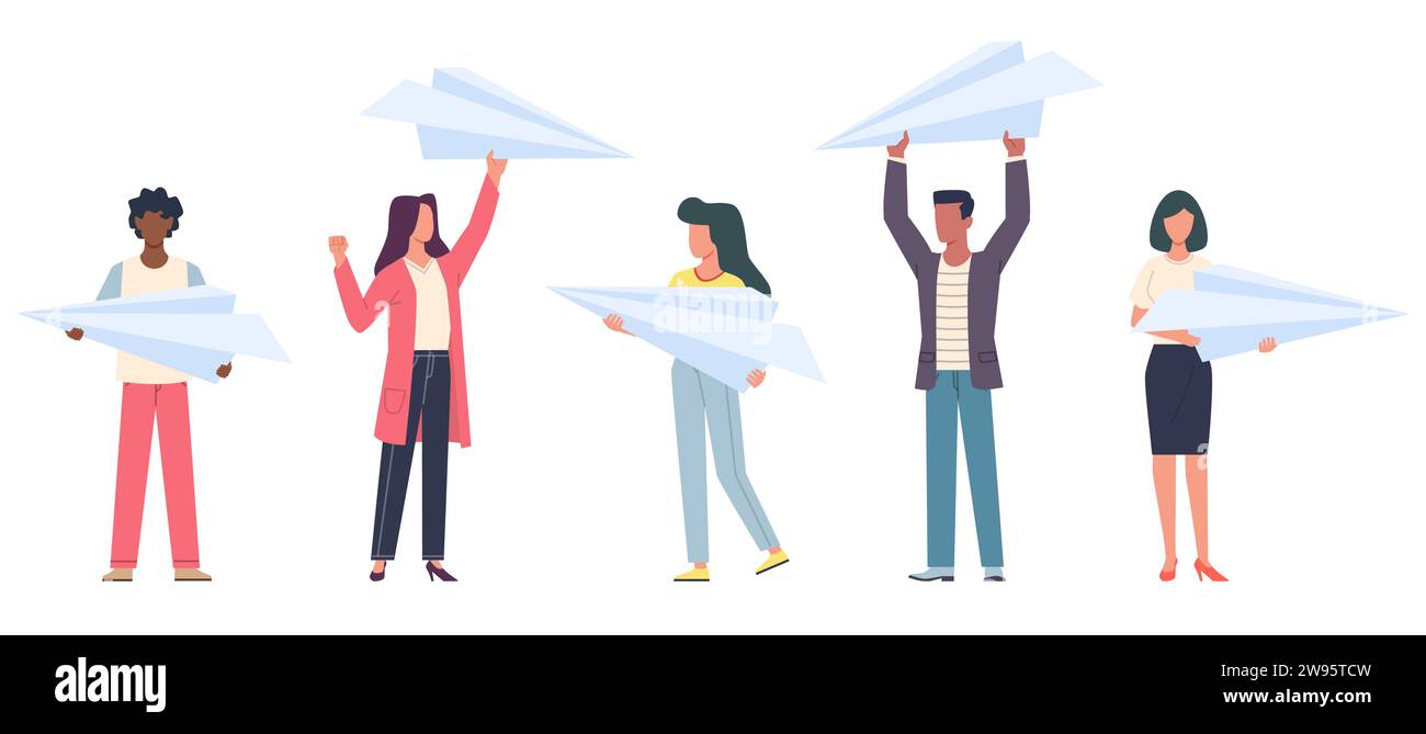 Set of people with paper airplanes. Men and women hold big origami ...