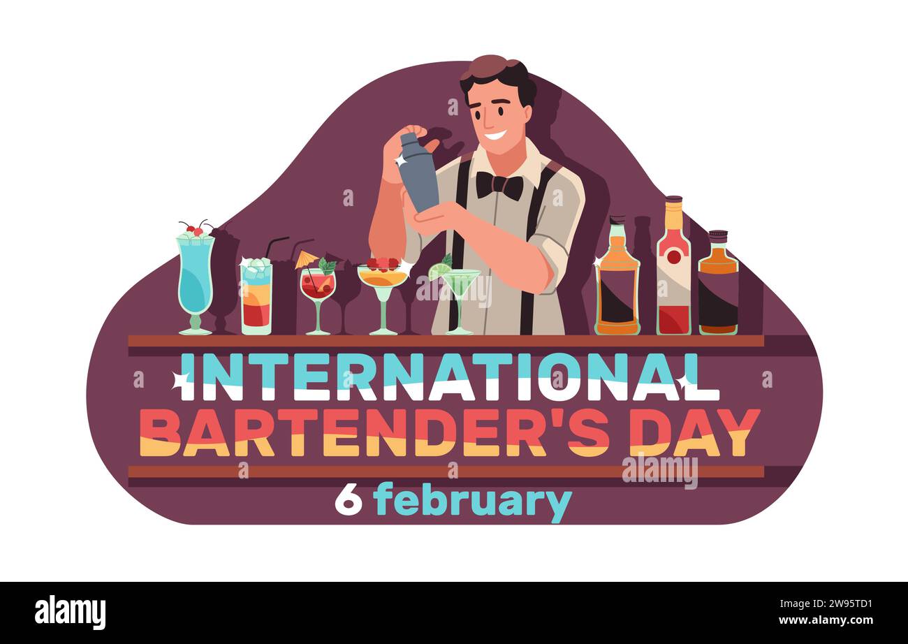 International Bartender Day, February 6. Man mixing alcoholic drinks ...