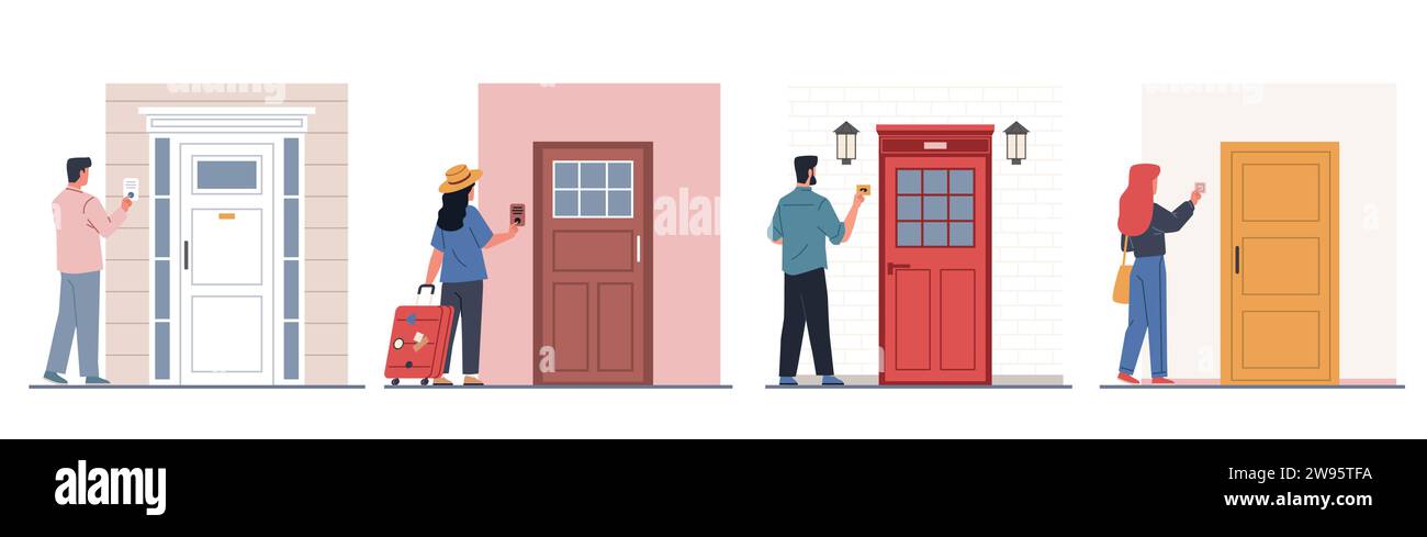 Set of people who ring doorbell. Men and women near door, pushing ...