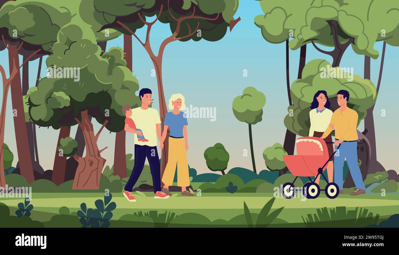 Parents and kids. Cartoon people walking with happy children. Family ...