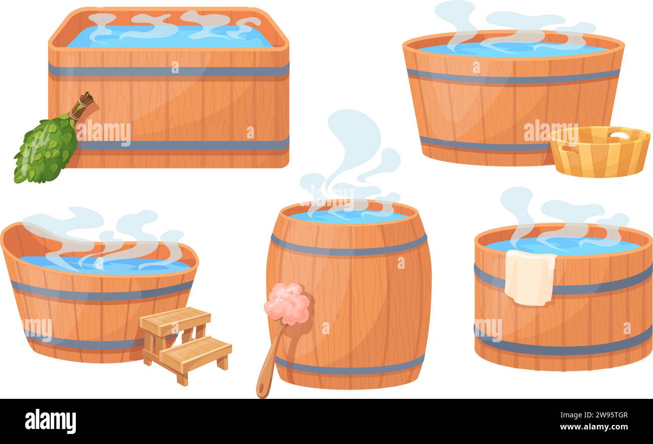 Wooden baths. Wood tubs, cartoon rustic water baths barrel for public ...
