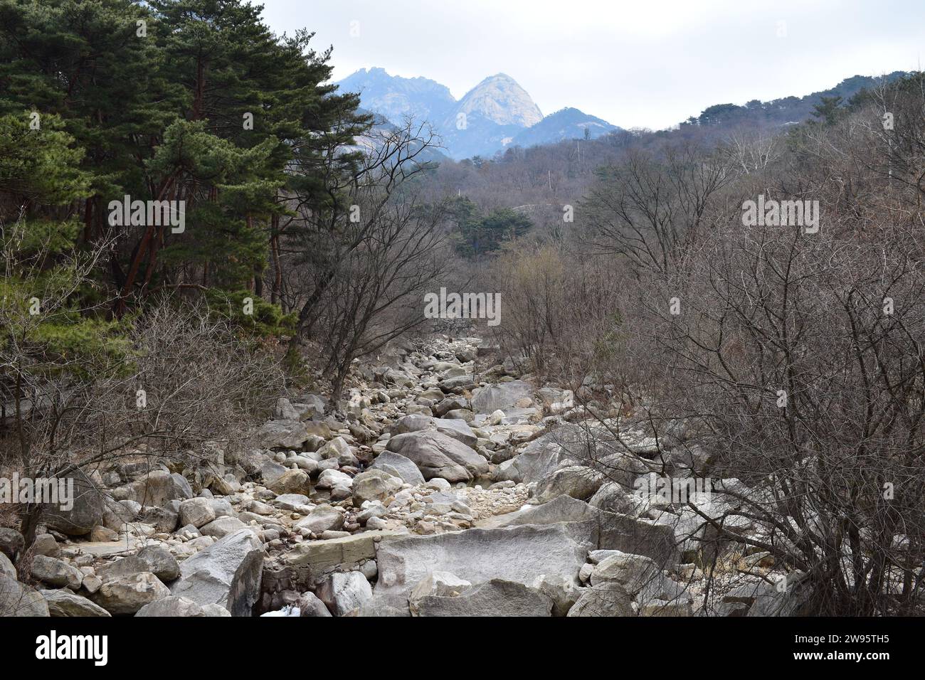 Rocky frozen river bed running along a walking trail in Bukhansan ...