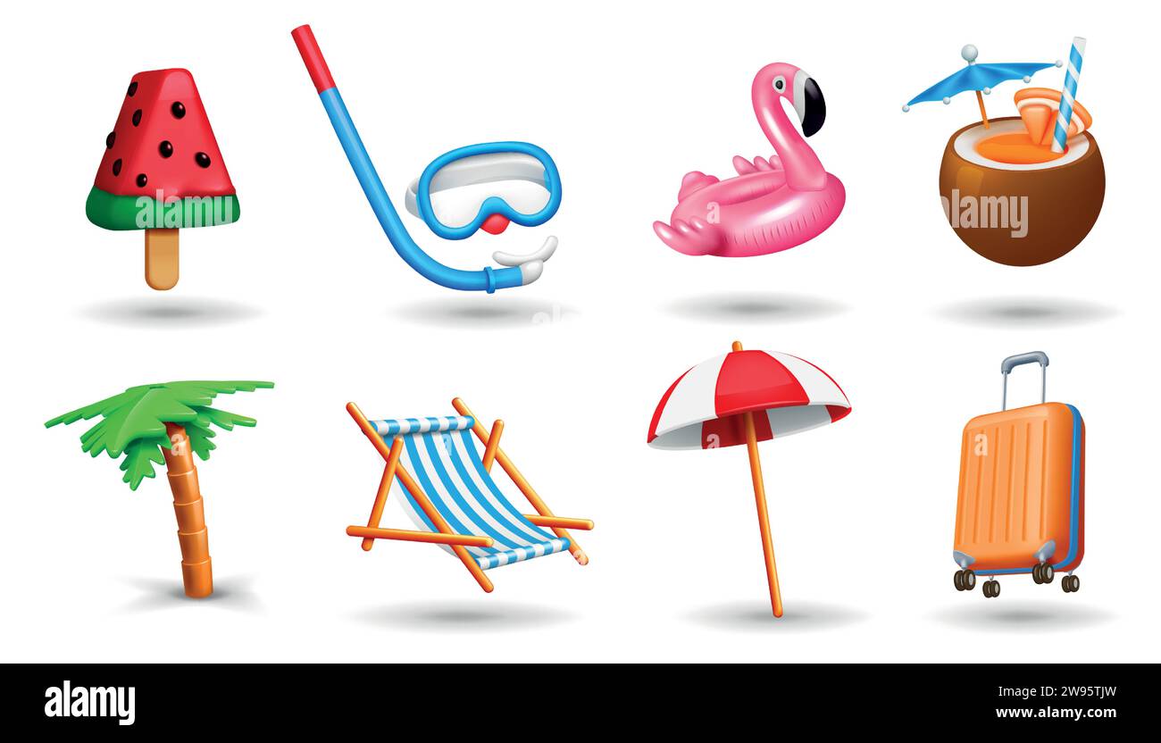 3D beach icons. Summer sun travel. Sea holiday. Inflatable flamingo toy ...