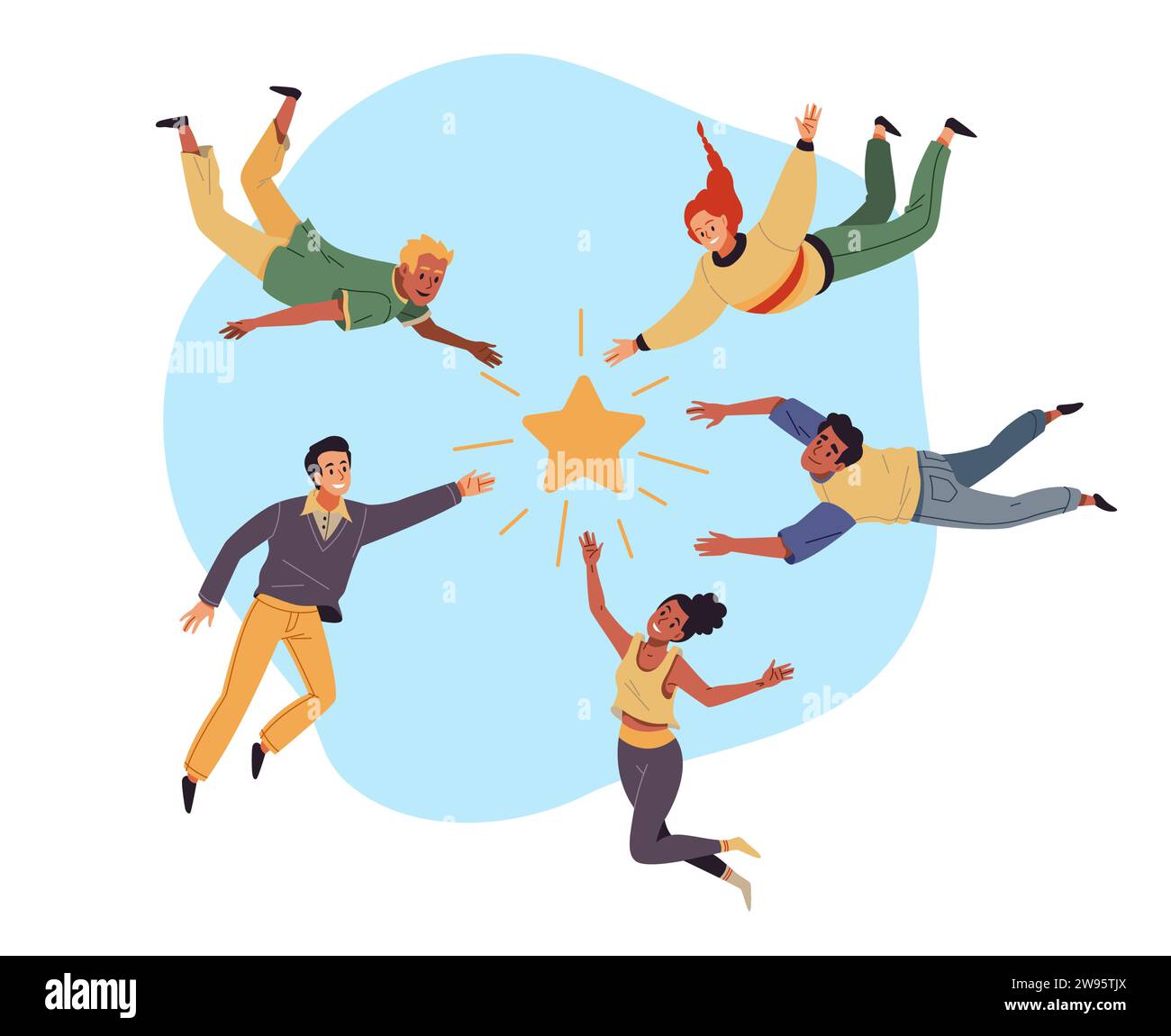 Group of people fly to shining star in sky. Flying people, achieve goal ...