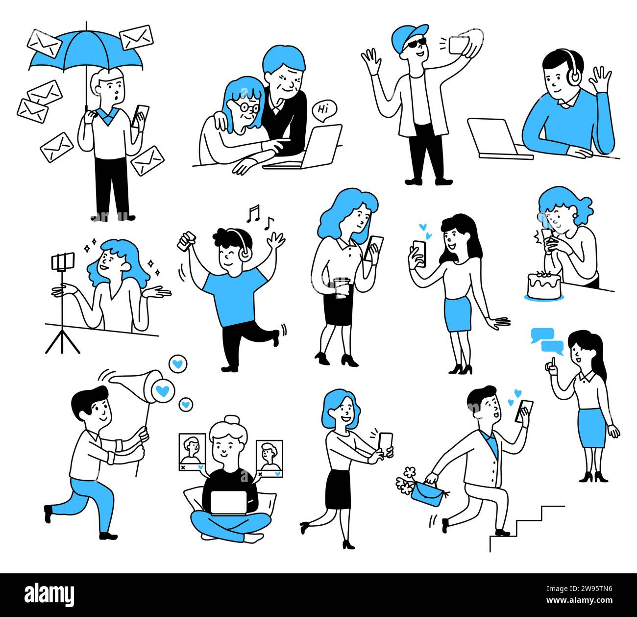 Doodle people. Sketch line characters. Social media influencer. Cute ...