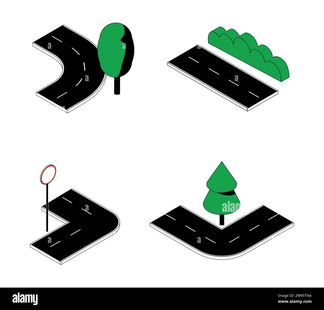 Road parts. City street blocks with crossroads and crosswalk. Isometric ...