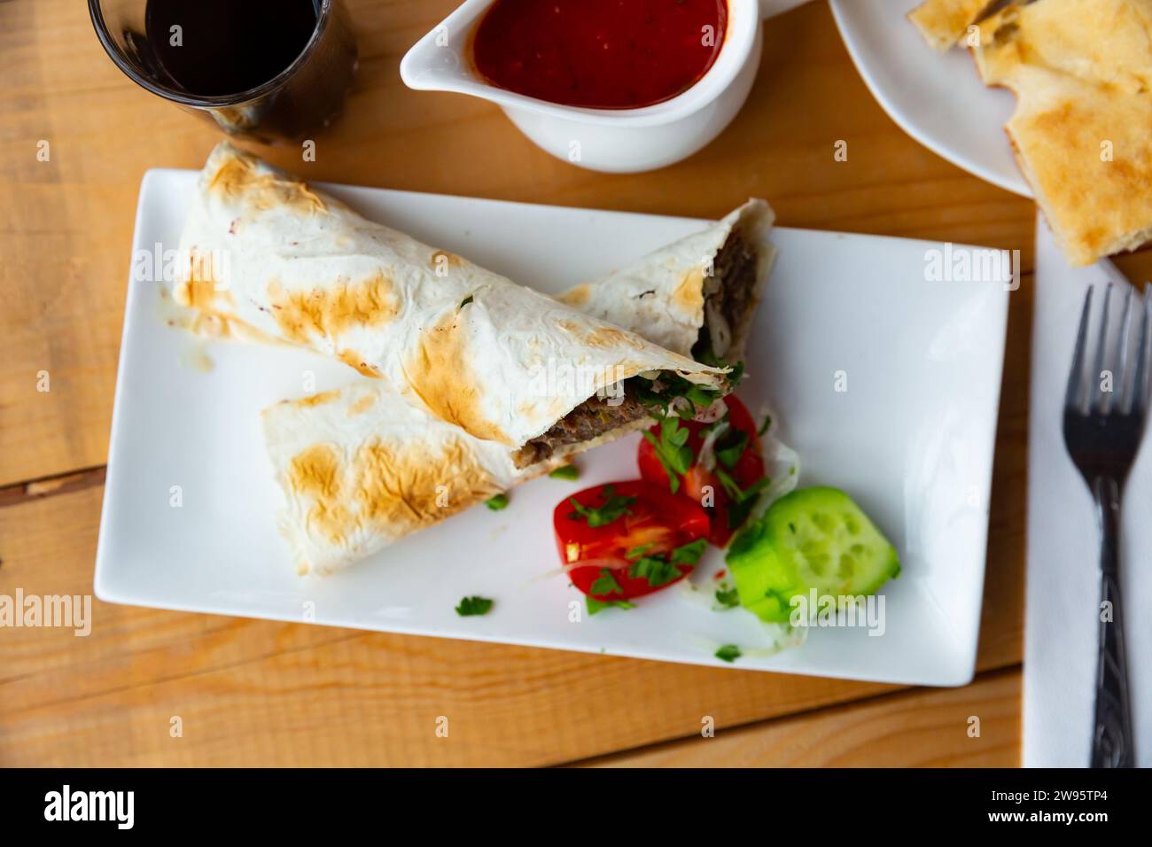 Georgian cuisine. Juicy lula kebab made from meat and spices. Serving ...