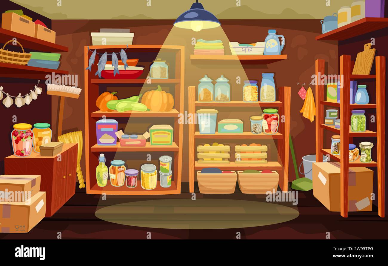 Pantry room. Kitchen cellar with food preserves conserved vegetables ...
