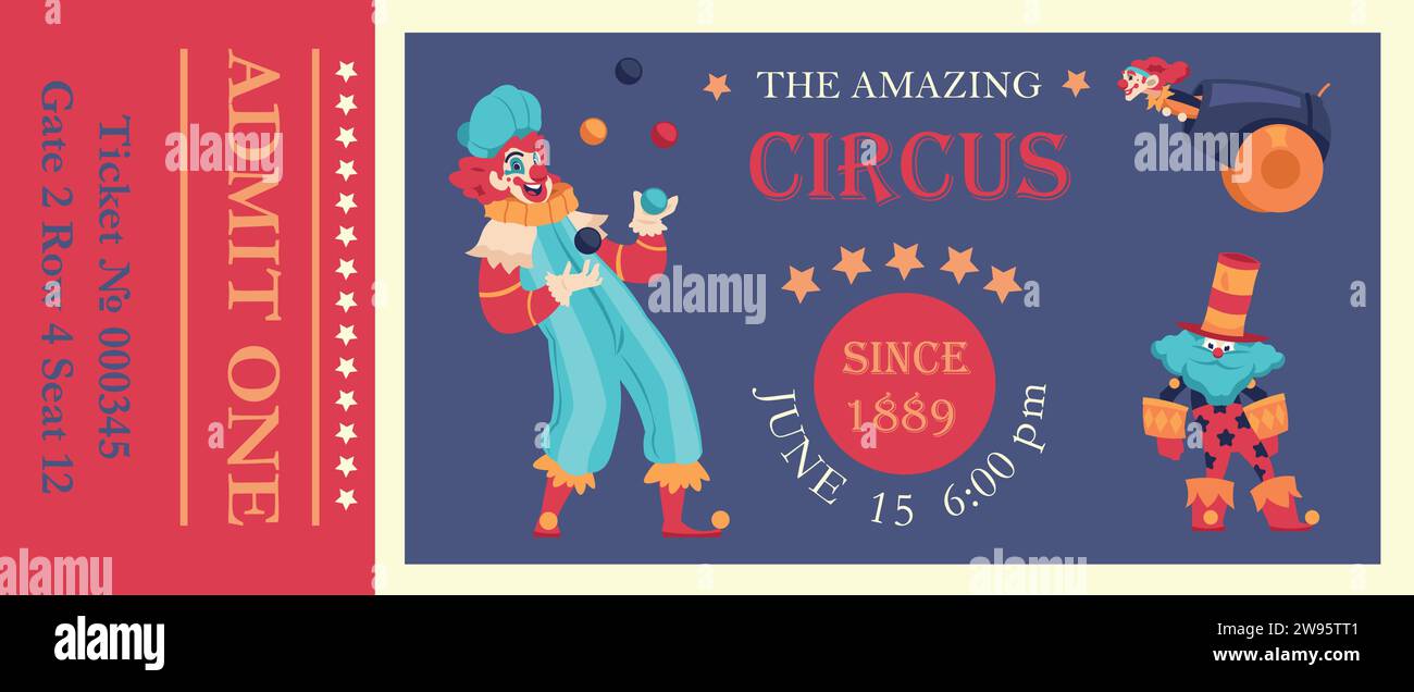 Circus ticket. Clown entertainment show greeting card or flyer template. Cartoon jokers and ...