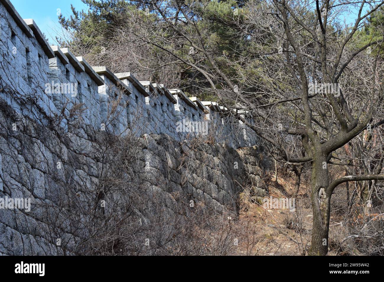 Remnants of an old fortification wall running along the mountain ridges ...