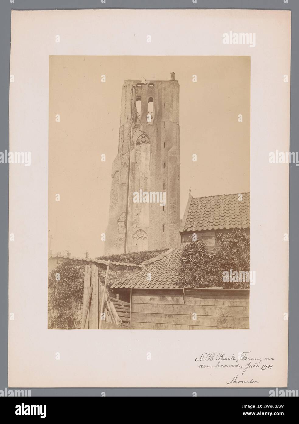 View of the burned -down tower of the Reformed Church in Monster ...