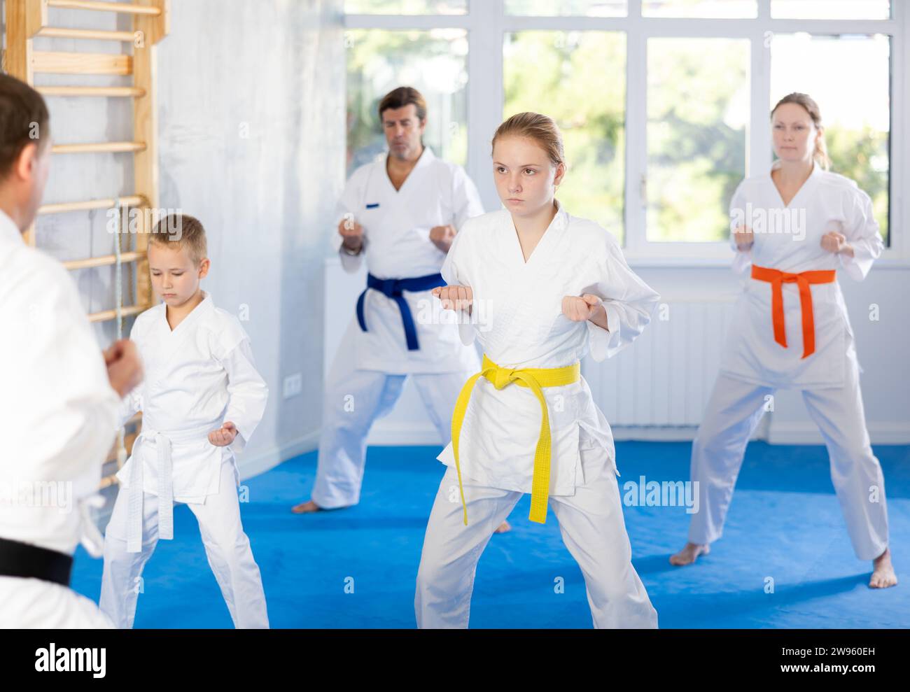 Teen girl with family repeat movements and learn fighting techniques ...