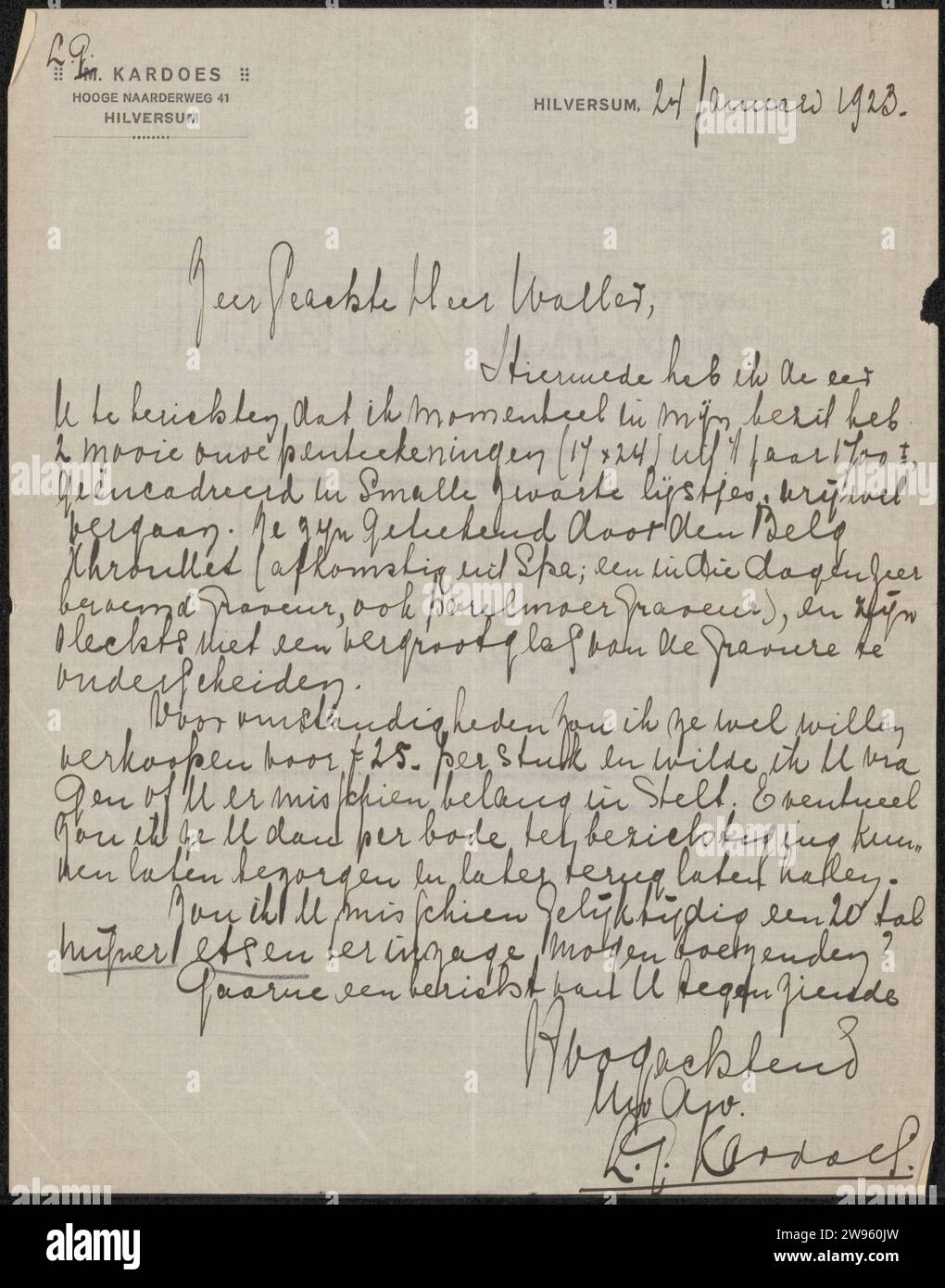 Letter to François Gérard Waller, Louis G. Kardoes, 1923 letter ...