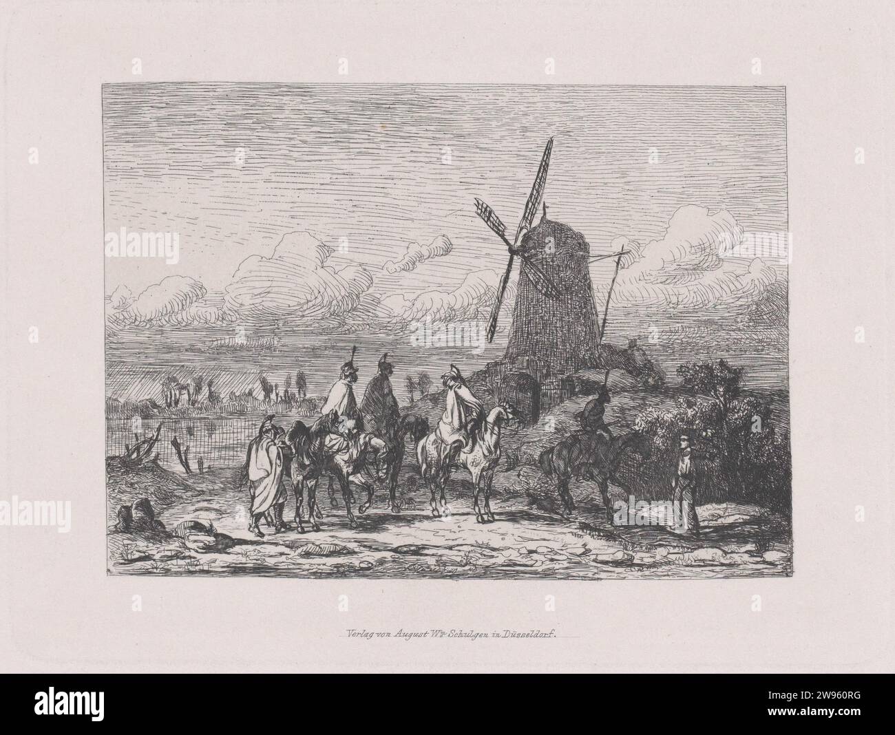 Military scene with horsemen and a windmill 1935 by August Wilhelm ...