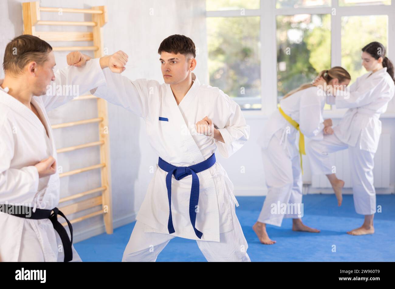 Young male attendee of karate classes fighting with middle-aged man in ...