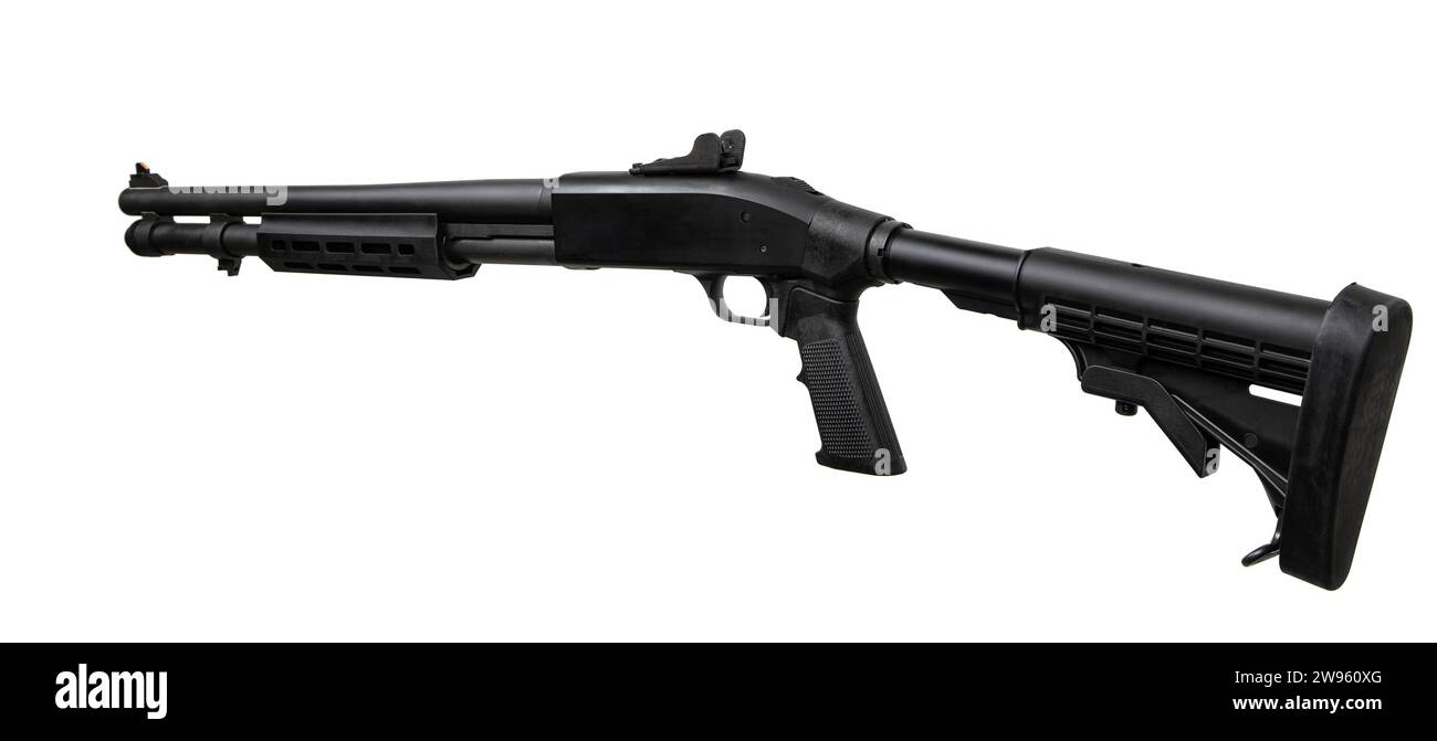 Pump-action 12 gauge shotgun isolated on a white background. Additional ...