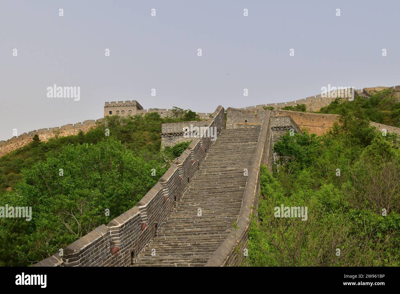 Stone staircase running along the topside of the Great Wall of China at ...
