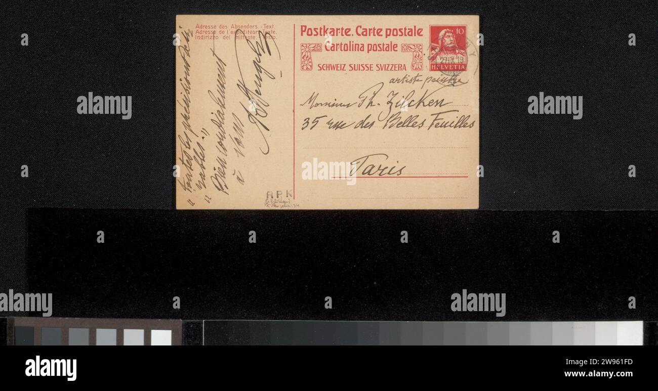 Postcard to Philip Zilcken, Alphonse Stengelin, 1919 Satigny cardboard ...