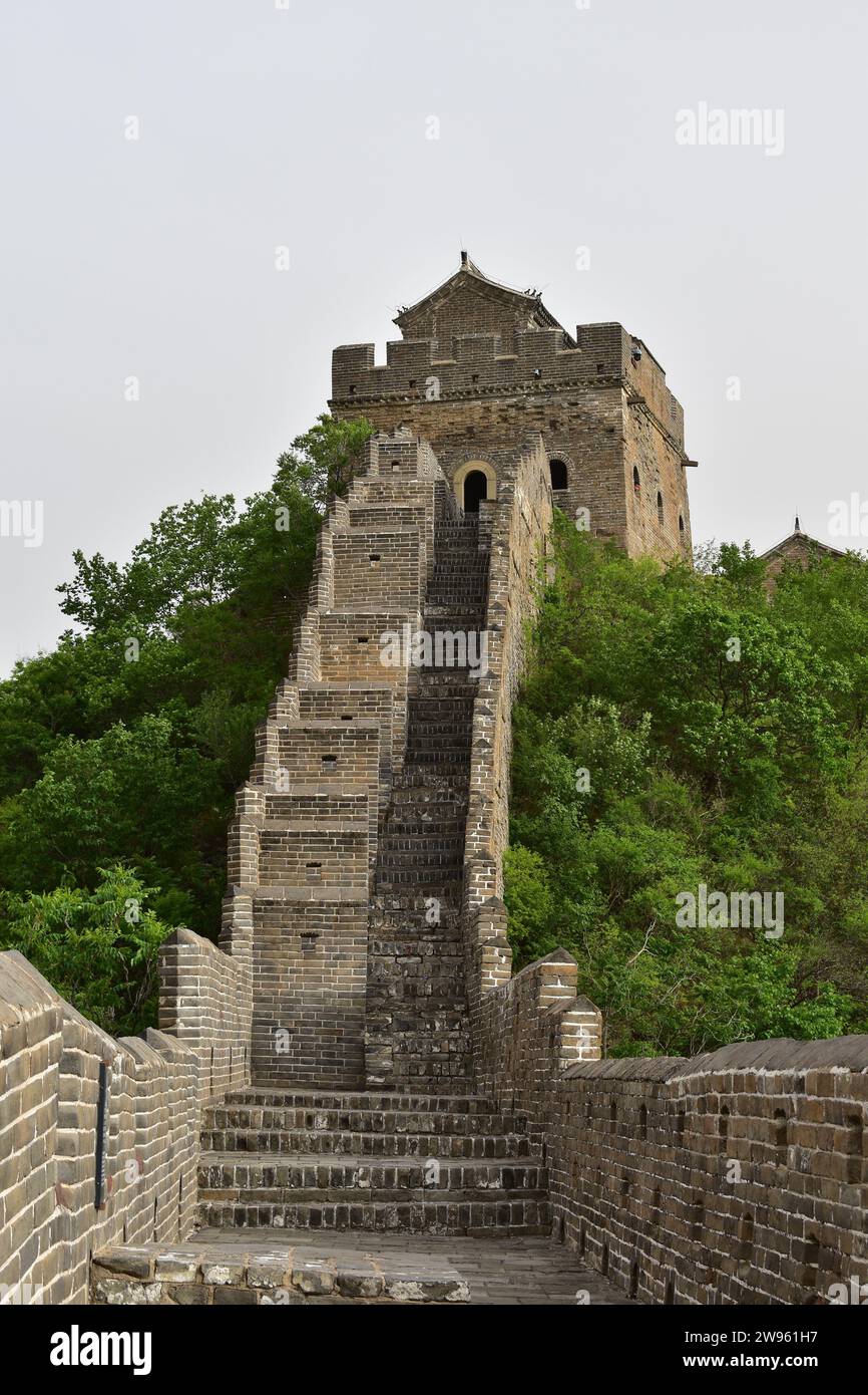 Stone staircase running along the topside of the Great Wall of China at ...