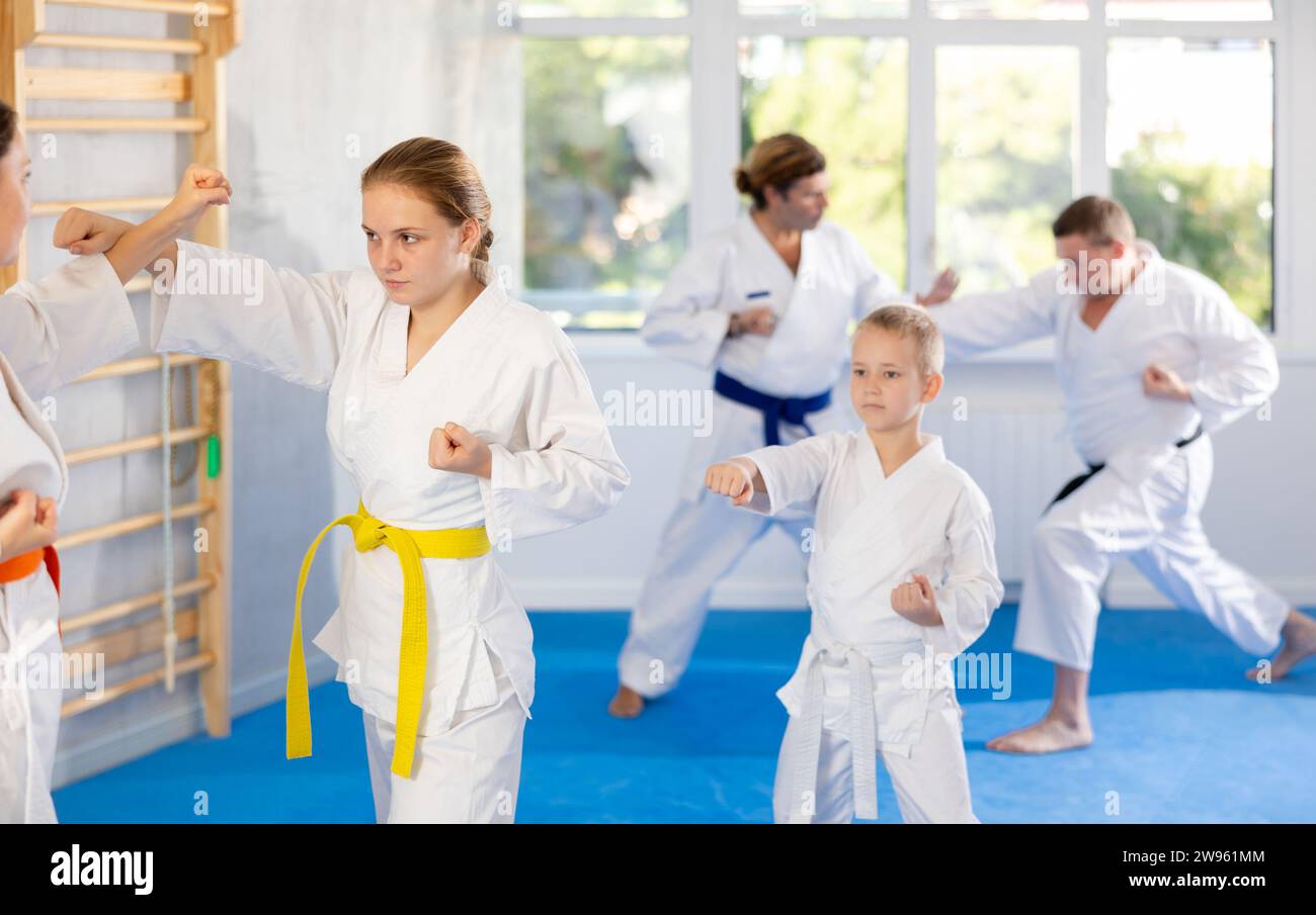 Young girl and woman in kimono and colored belt practicing karate punch ...