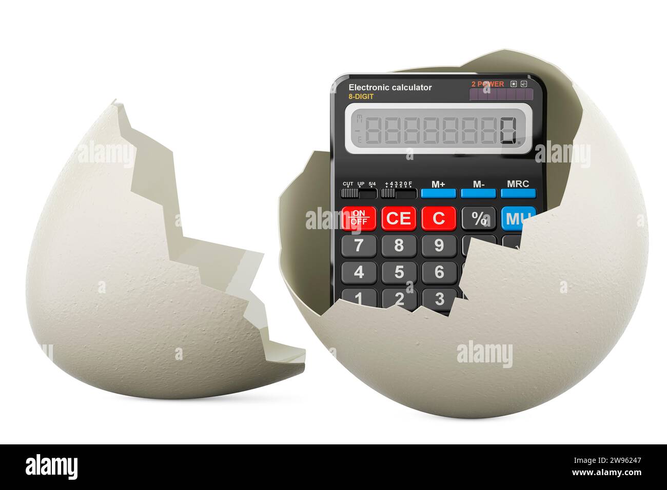 Calculator inside broken chicken egg, 3D rendering isolated on white ...