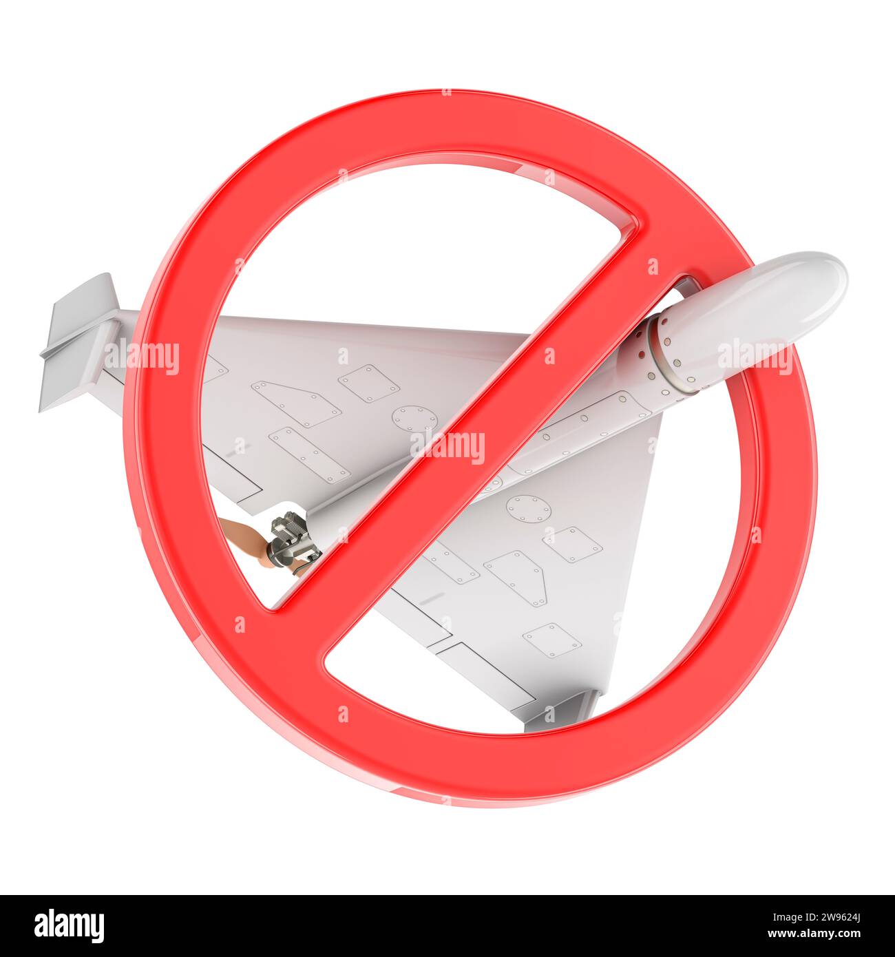 Forbidden sign with kamikaze drone, 3D rendering isolated on white ...