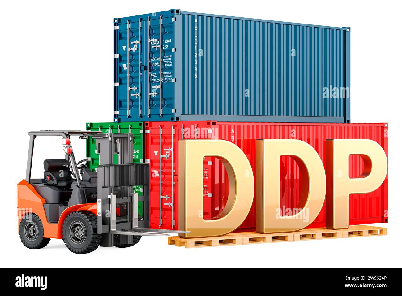 DDP concept. Forklift truck with cargo containers, 3D rendering ...