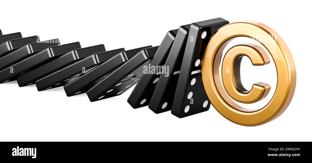 Copyright symbol stopped effect domino, 3D rendering isolated on white ...