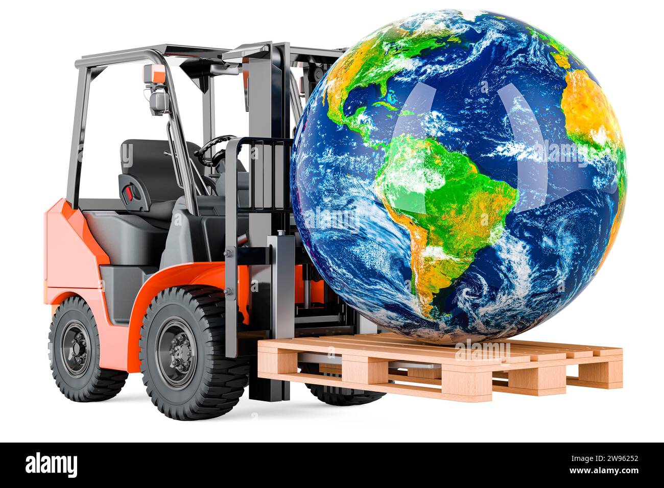 Forklift truck with Earth Globe. Global shipping and worldwide delivery ...