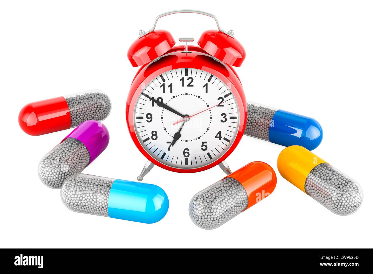 Medicament capsules with alarm clock, 3D rendering isolated on white ...