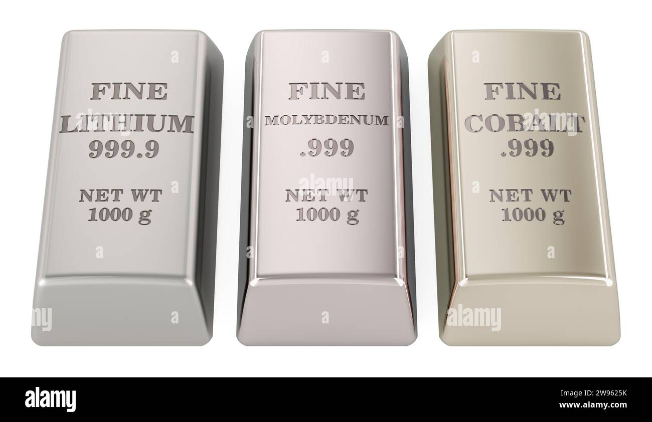 Lithium, cobalt, molybdenum bars, EV metals ingots. 3D rendering ...